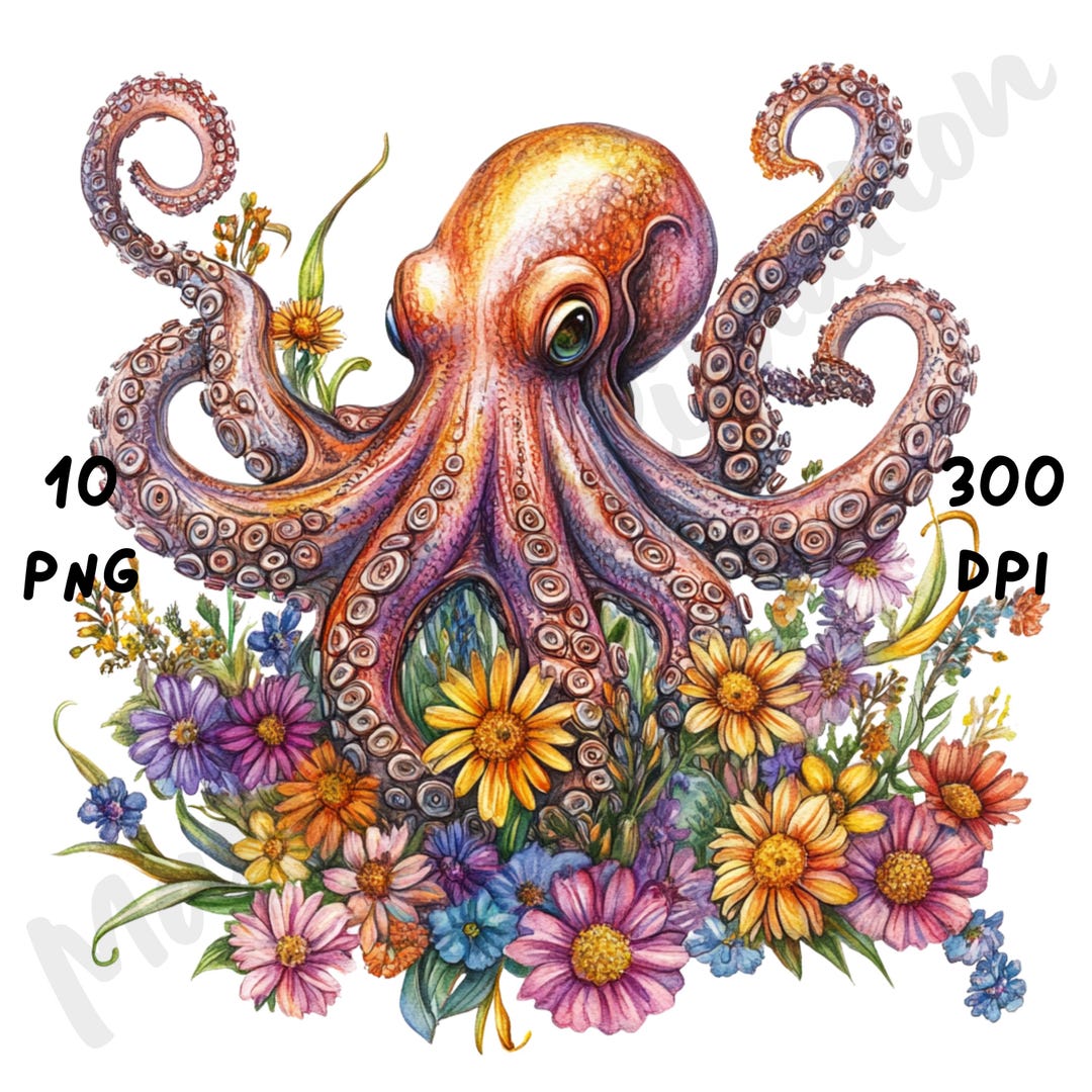 10 PNG Summer Octopus Clipart – Watercolor Floral Octopus Sublimation ...