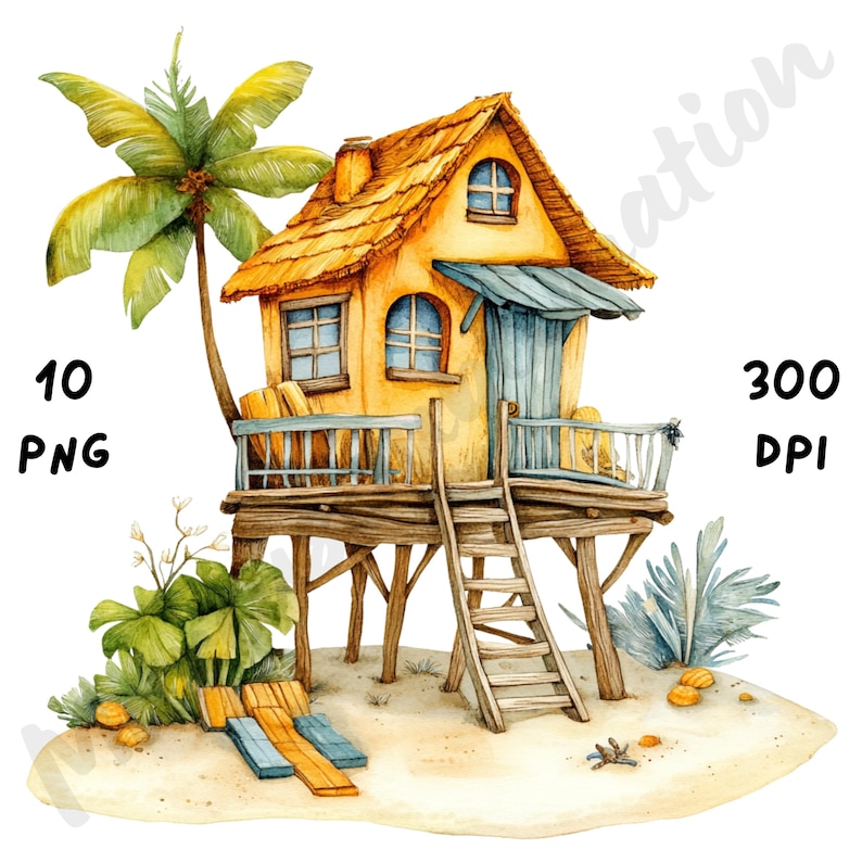 10 PNG Quirky Beach House Clipart, Whimsical Cute Home, Watercolor ...
