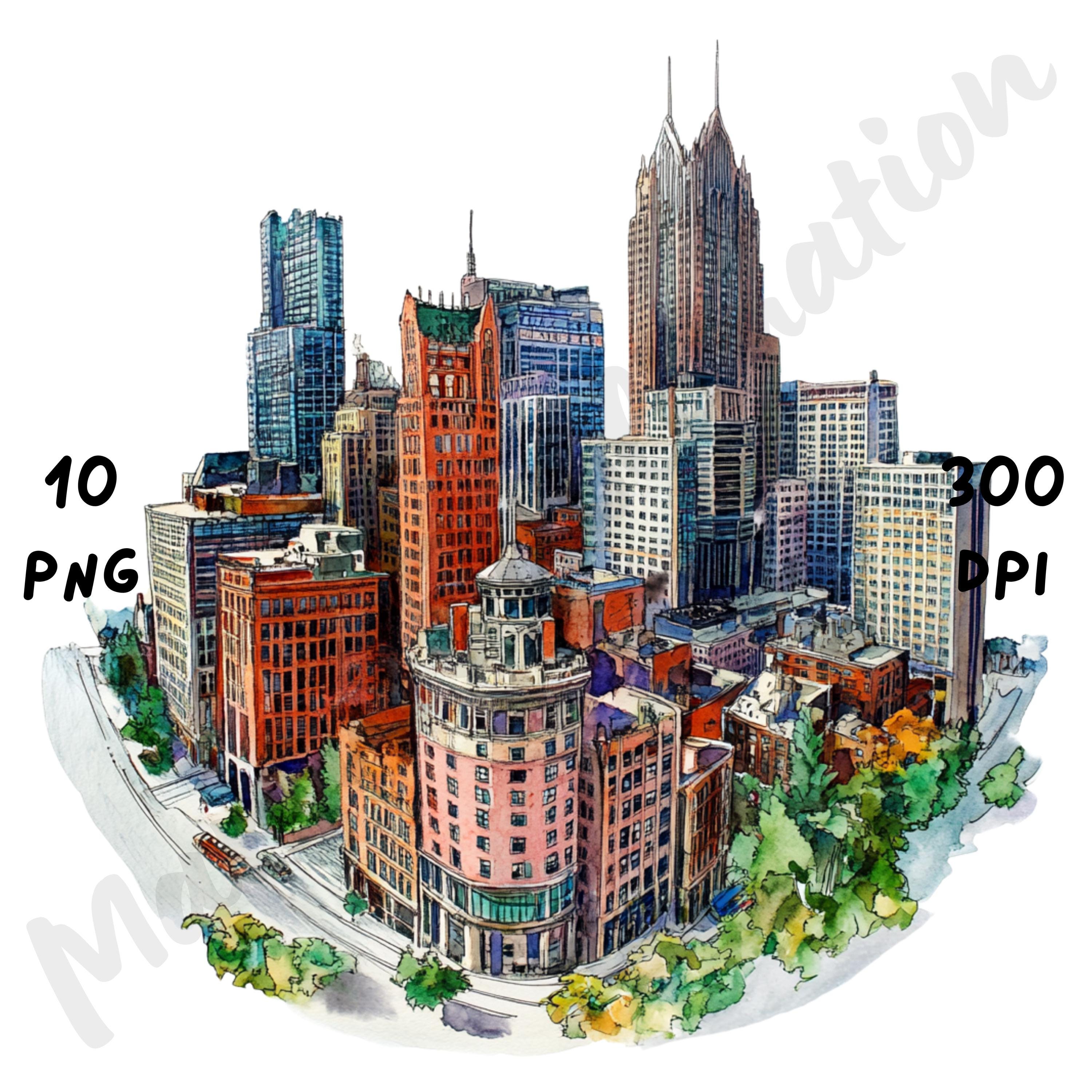 10 PNG Quirky Detroit Scene Clipart, Watercolor Detroit Cityscape ...