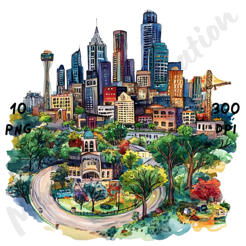 10 PNG Quirky Texas Scene Clipart, Watercolor Dallas Cityscape ...