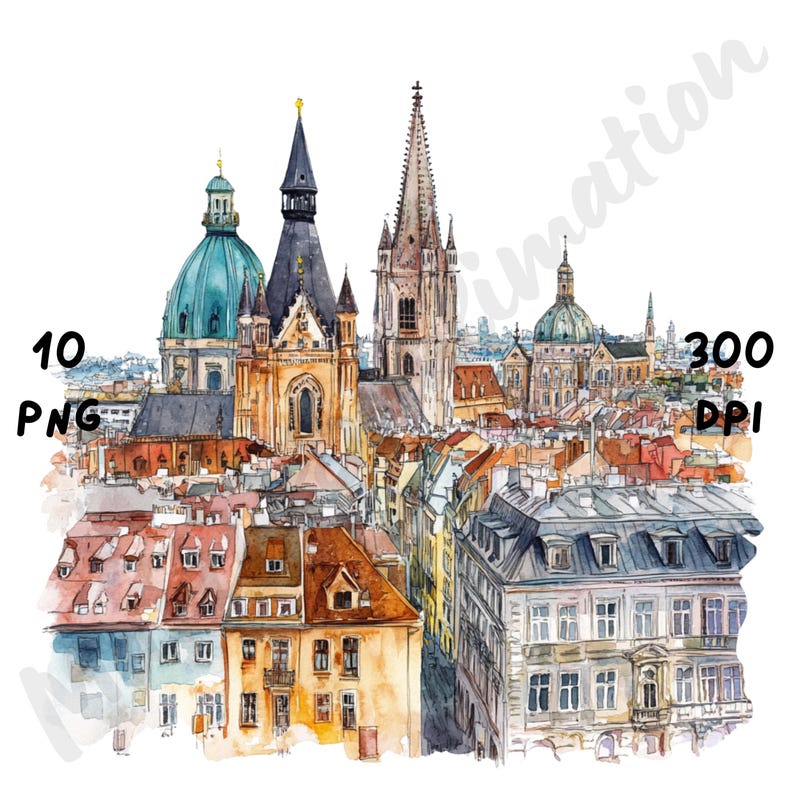 10 PNG Quirky Vienna Scene Clipart, Watercolor City of Vien View ...