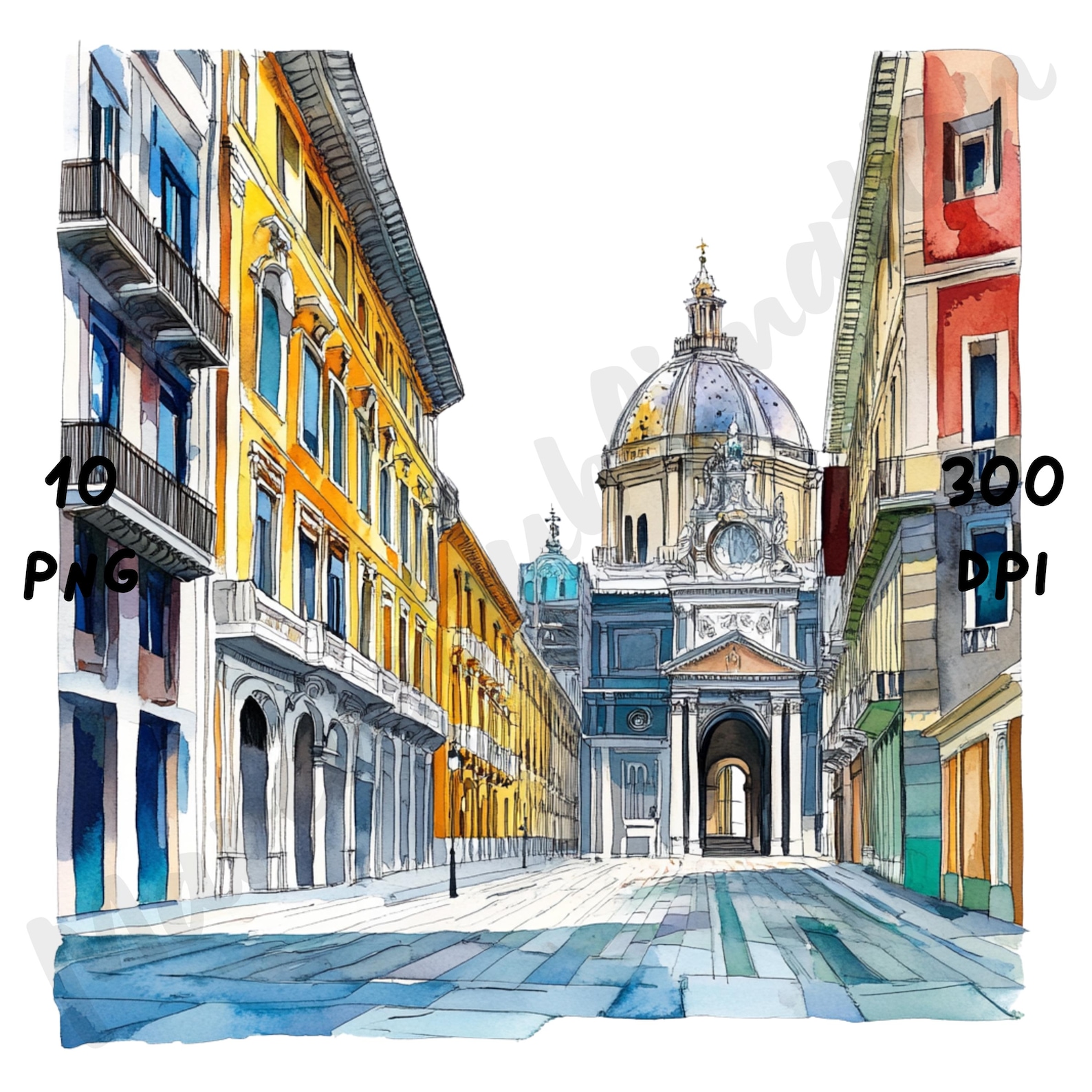 10 PNG Quirky Milan Scene Clipart, Watercolor City of Milano View ...