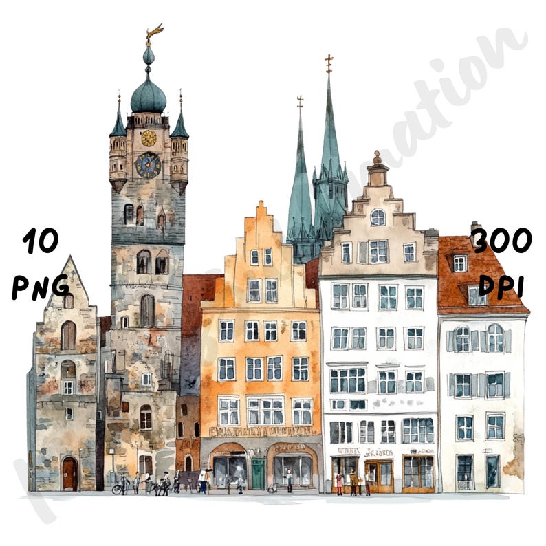 10 PNG Quirky Munich Scene Clipart, Watercolor City of Munich View ...
