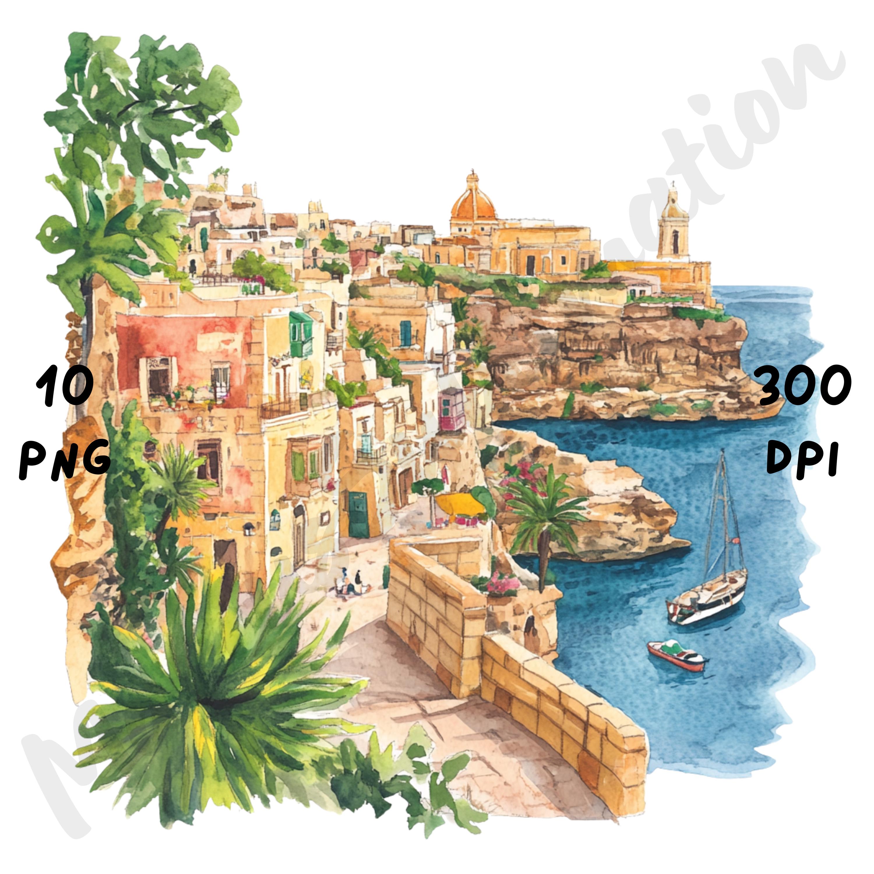 10 PNG Quirky Malta Scene Clipart, Watercolor Malta View, Whimsical ...