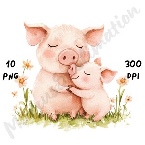 10 PNG Cute Pig Mother Clipart, Watercolor Mom Pig and Cubs, Whimsical ...