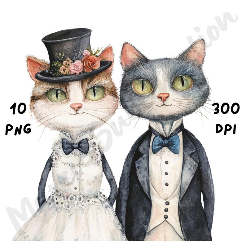 10 PNG Quirky Wedding Cat Couple Clipart, Whimsical Cartoon Cat Lover ...