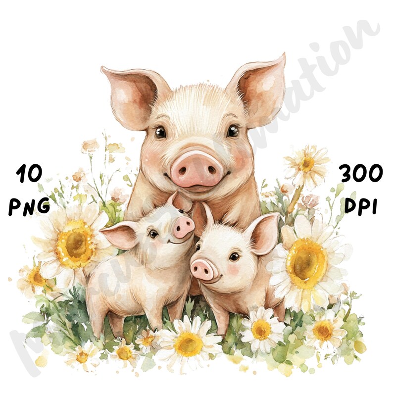 10 PNG Cute Pig Mother Clipart, Watercolor Mom Pig and Cubs, Whimsical ...