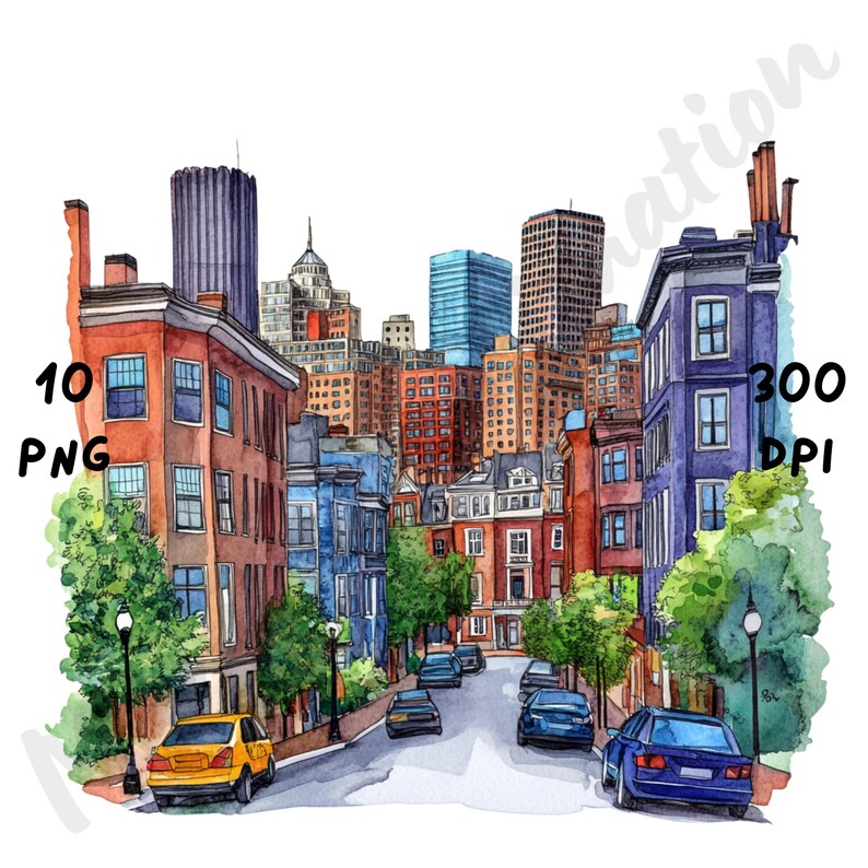 10 PNG Quirky Boston Scene Clipart, Watercolor Boston Cityscape ...