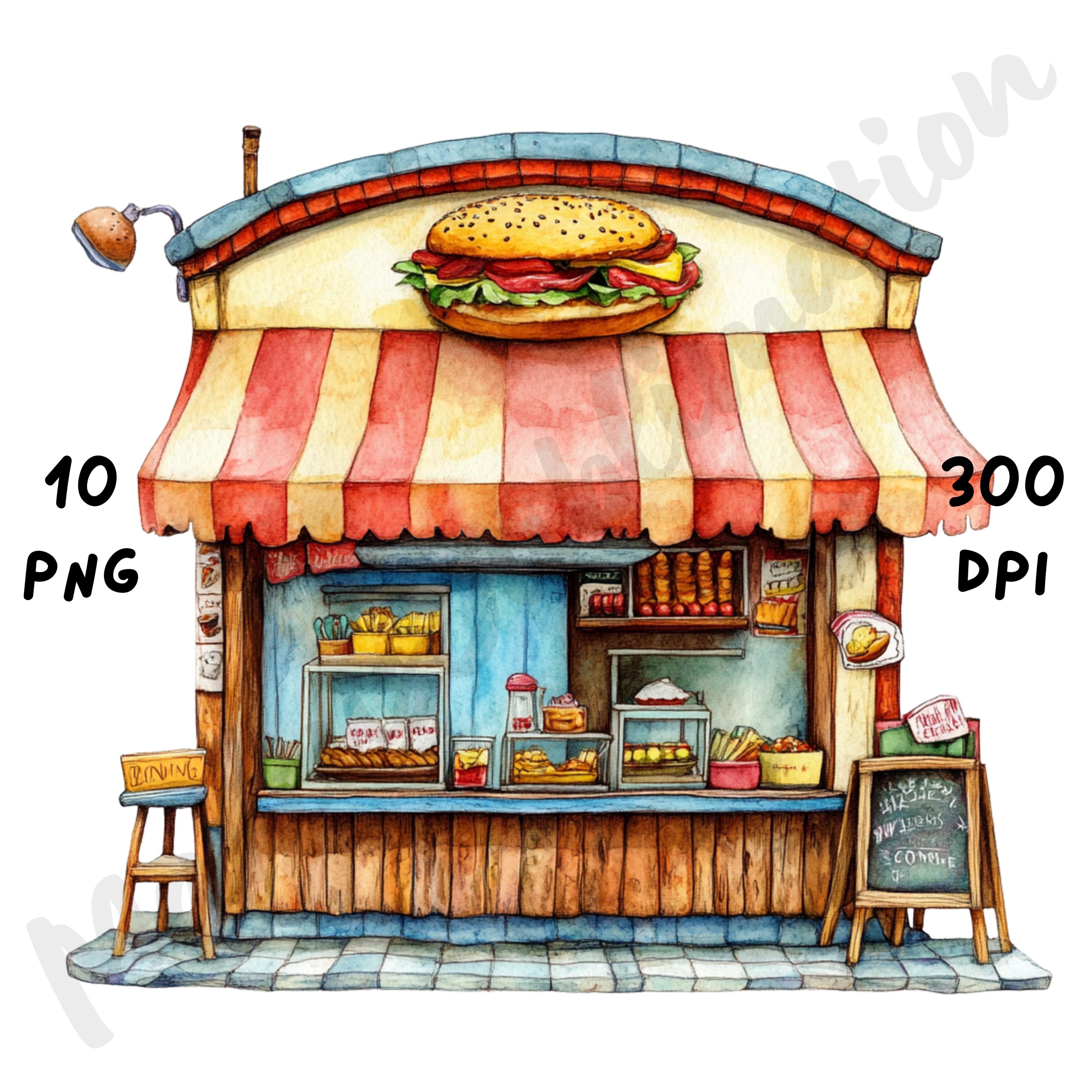 10 PNG Quirky Fast Food Shop Clipart, Whimsical Store Scene, Watercolor ...