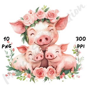 10 PNG Cute Pig Mother Clipart, Watercolor Mom Pig and Cubs, Whimsical ...
