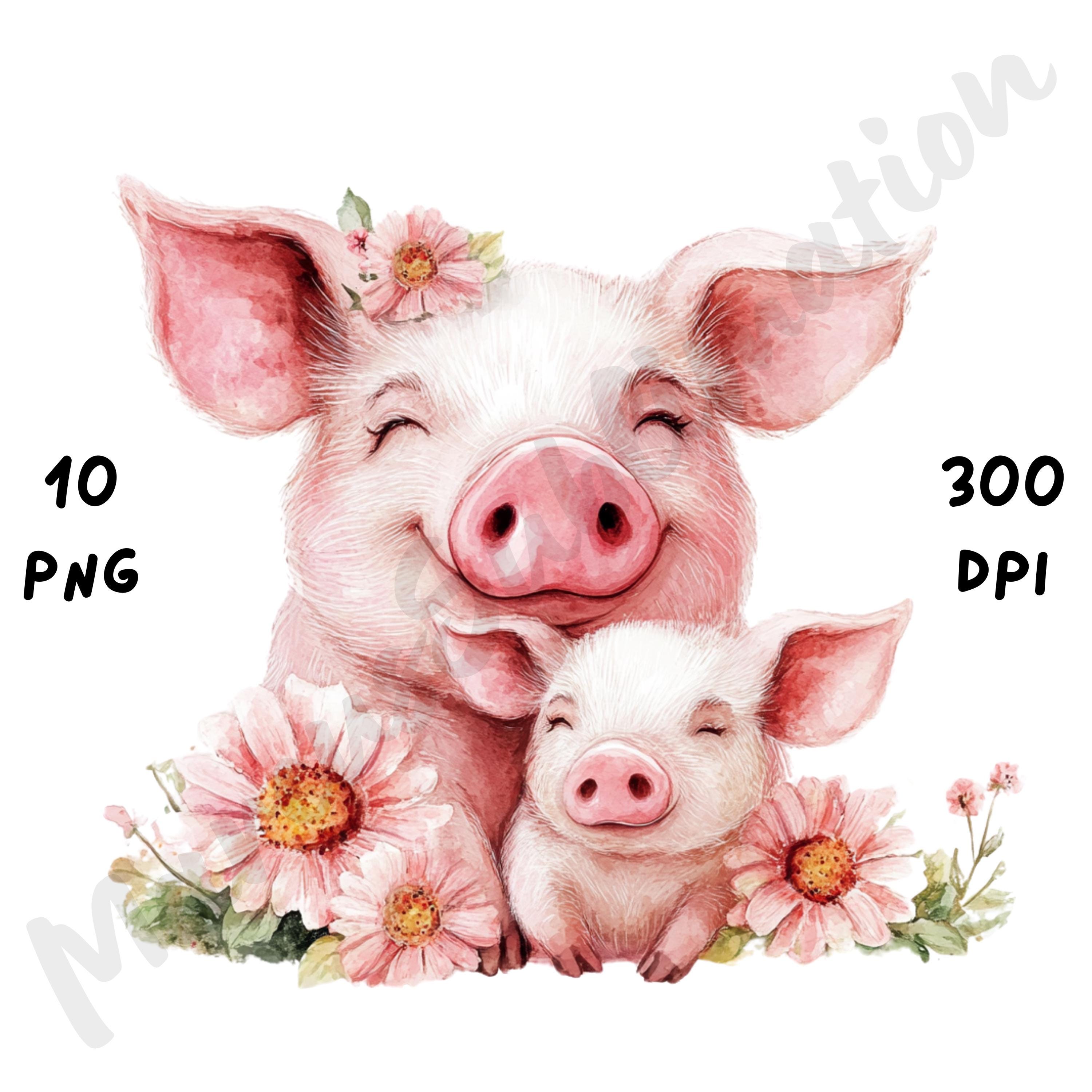 10 PNG Cute Pig Mother Clipart, Watercolor Mom Pig and Cubs, Whimsical ...