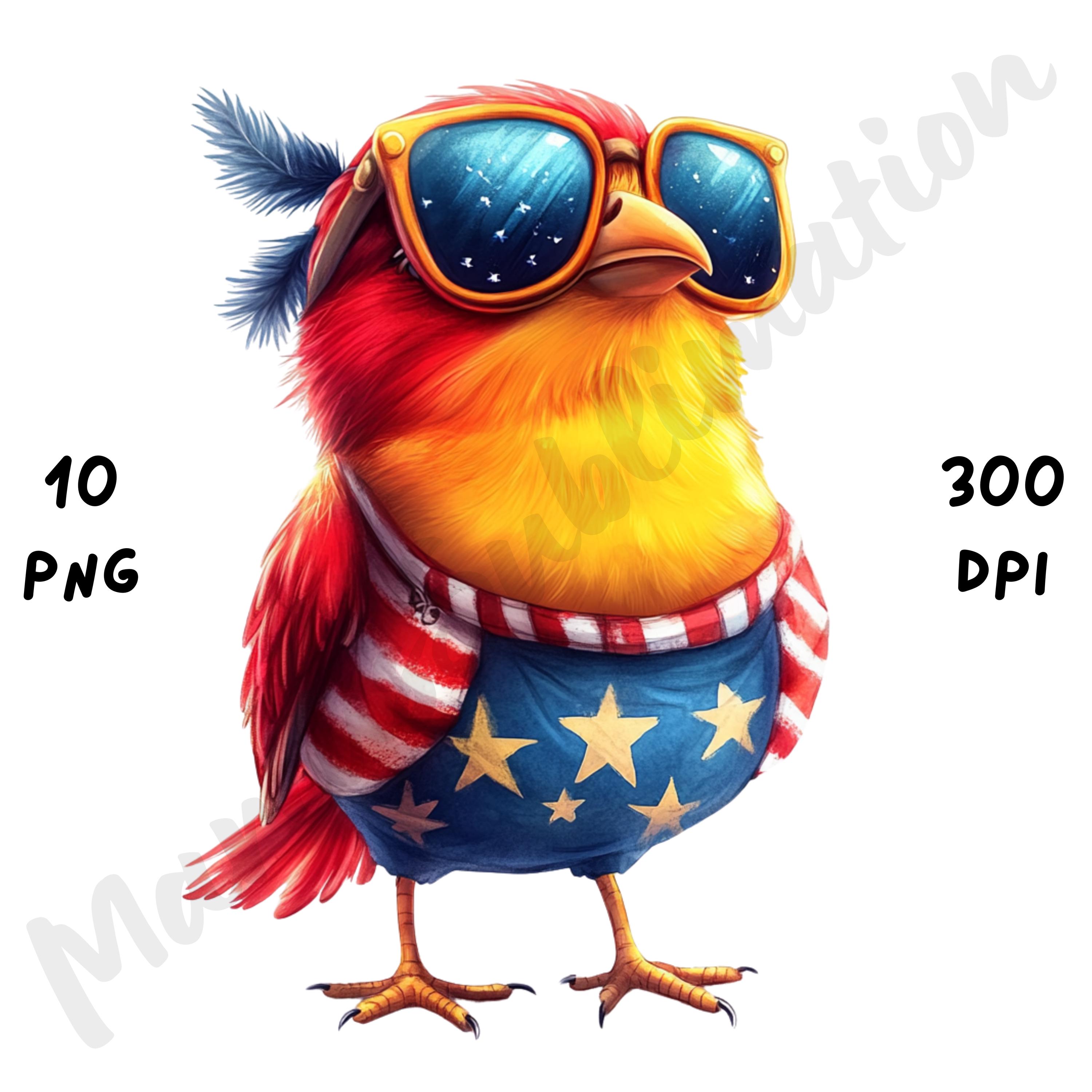 10 PNG 4th of July Quirky Bird Clipart, Watercolor American Patriotic ...