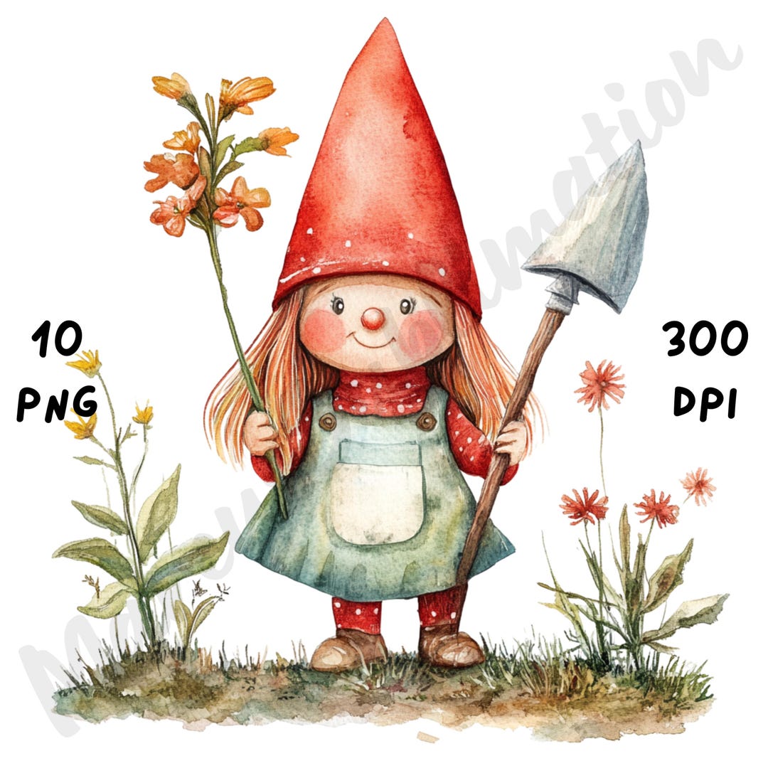 10 PNG Quirky Garden Gnome Girl Clip Art, Watercolor Cartoon Gnome ...