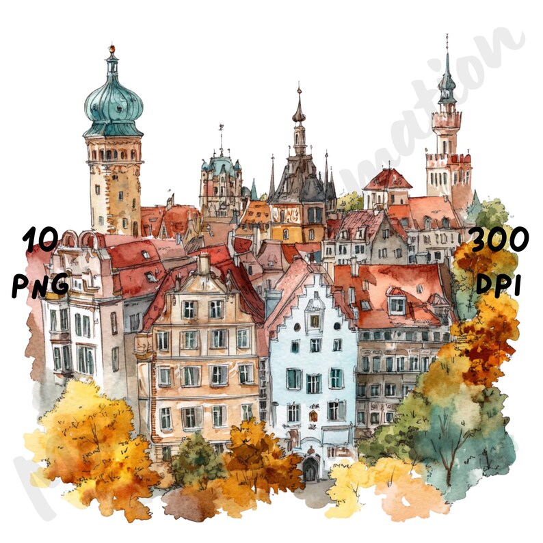 10 PNG Quirky Munich Scene Clipart, Watercolor City of Munich View ...