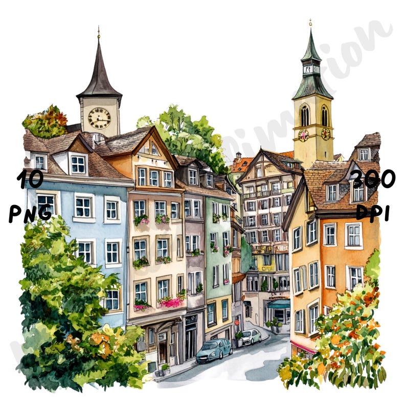 10 PNG Quirky Zurich Scene Clipart, Watercolor Swiss City View ...