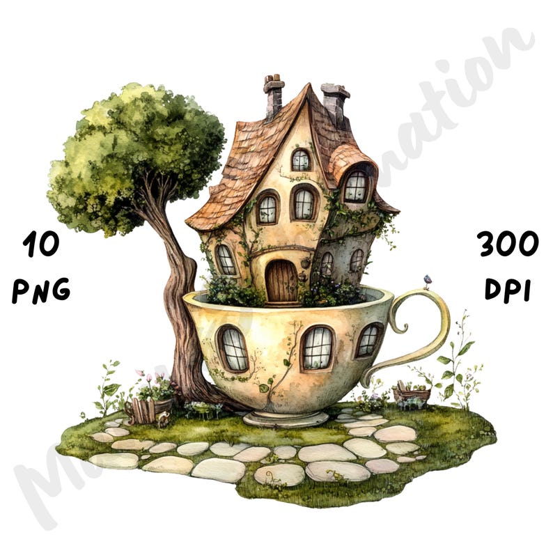 10 PNG Quirky Tea Cup House Clipart, Whimsical Cute House, Watercolor ...