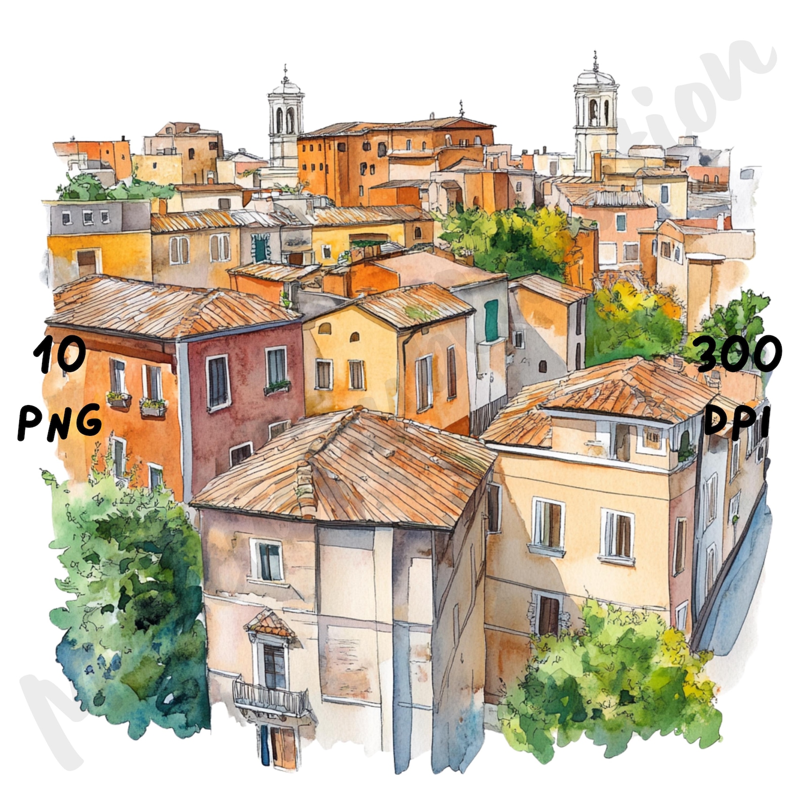 10 PNG Quirky Rome Scene Clipart, Watercolor City of Rome View ...