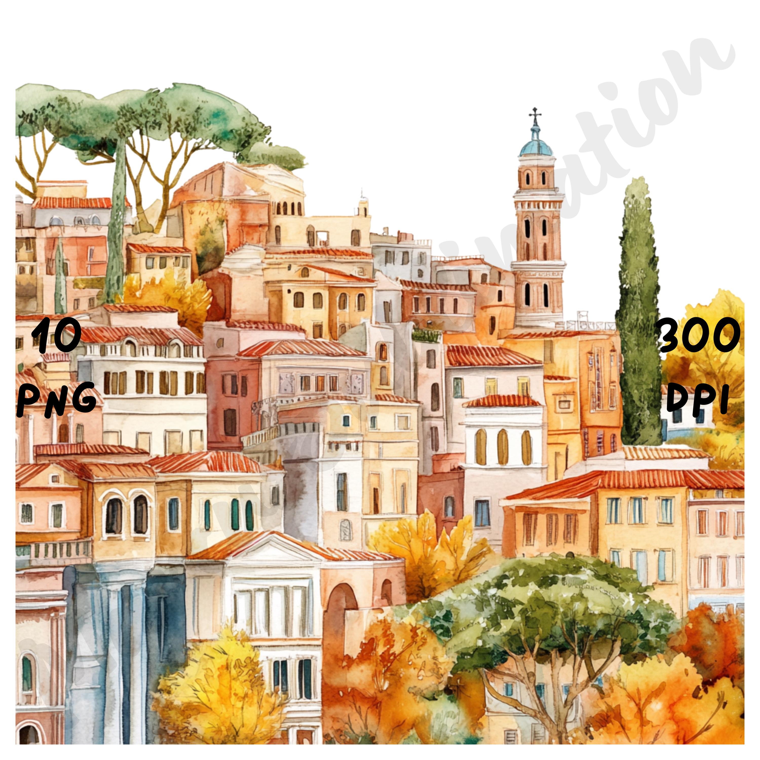 10 PNG Quirky Rome Scene Clipart, Watercolor City of Rome View ...