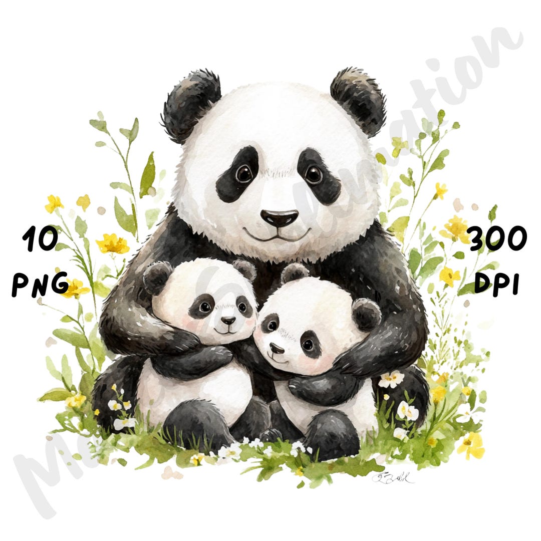10 PNG Cute Panda Mother Clipart, Watercolor Mom Panda and Her Cubs ...