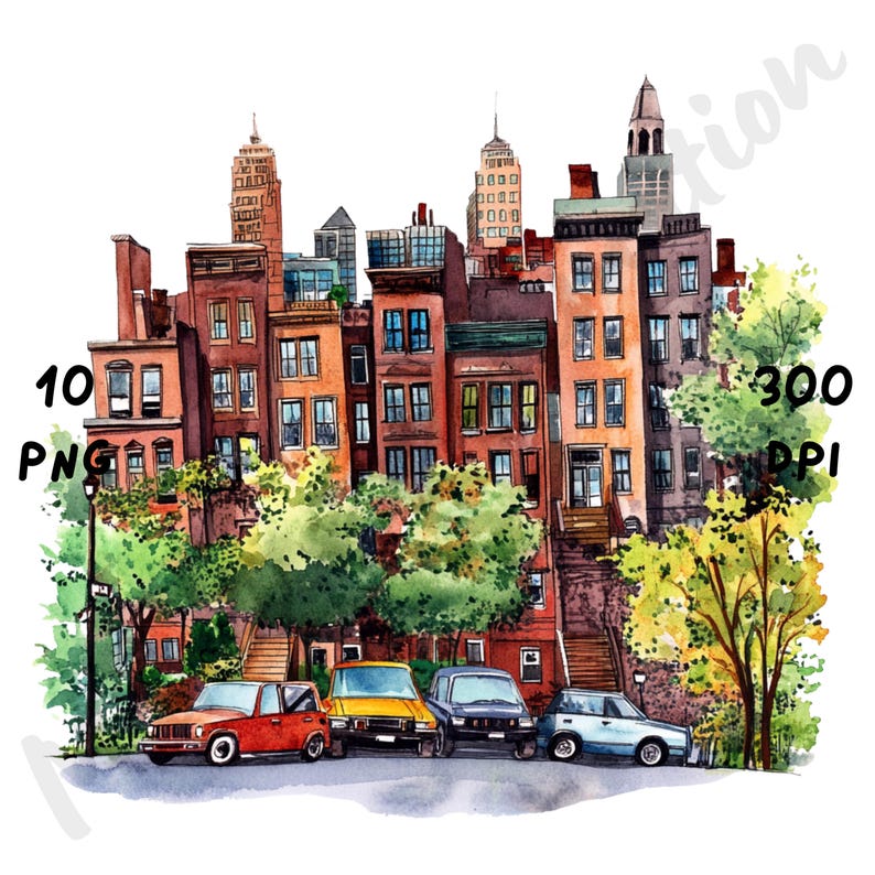 10 PNG Quirky Boston Scene Clipart, Watercolor Boston Cityscape ...