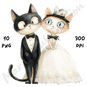 10 PNG Quirky Wedding Cat Couple Clipart, Whimsical Cartoon Cat Lover ...