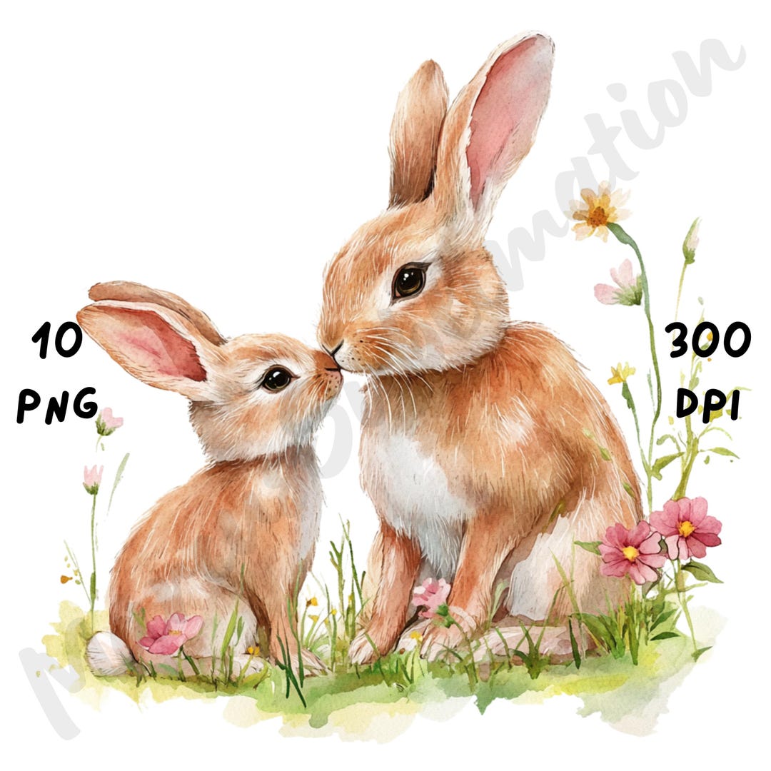 10 PNG Cute Bunny Mother Clipart, Watercolor Mom Bunnies and Her Cubs ...