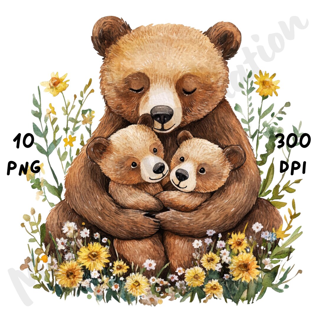 10 PNG Cute Bear Mother Clipart, Watercolor Mom Bear and Her Cubs ...