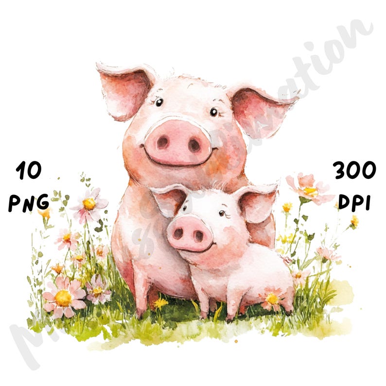 10 PNG Cute Pig Mother Clipart, Watercolor Mom Pig and Cubs, Whimsical ...