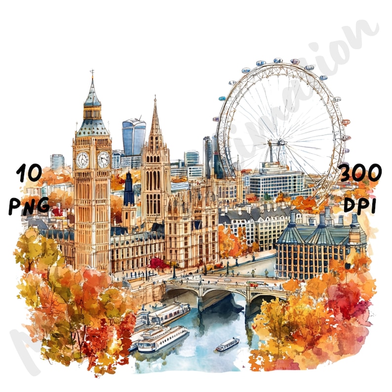 10 PNG Quirky London Scene Clipart, Watercolor City of London View ...