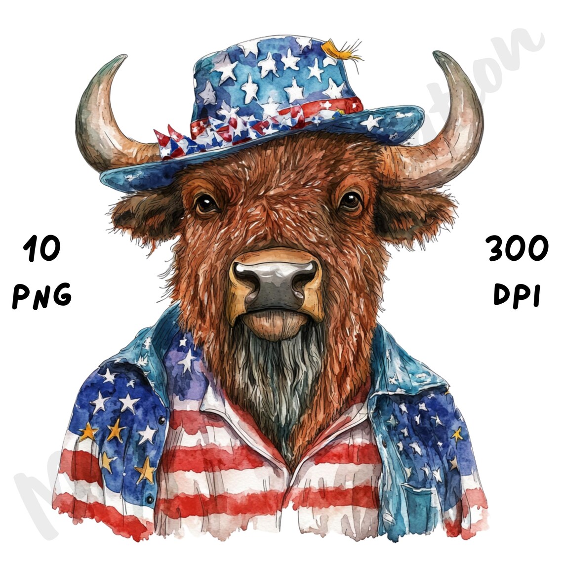 10 PNG 4th of July Bison Clipart, Watercolor American Patriotic Animal ...