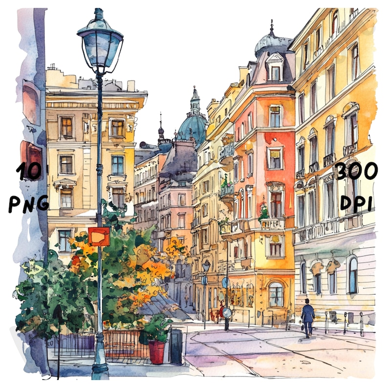 10 PNG Quirky Vienna Scene Clipart, Watercolor City of Vien View ...