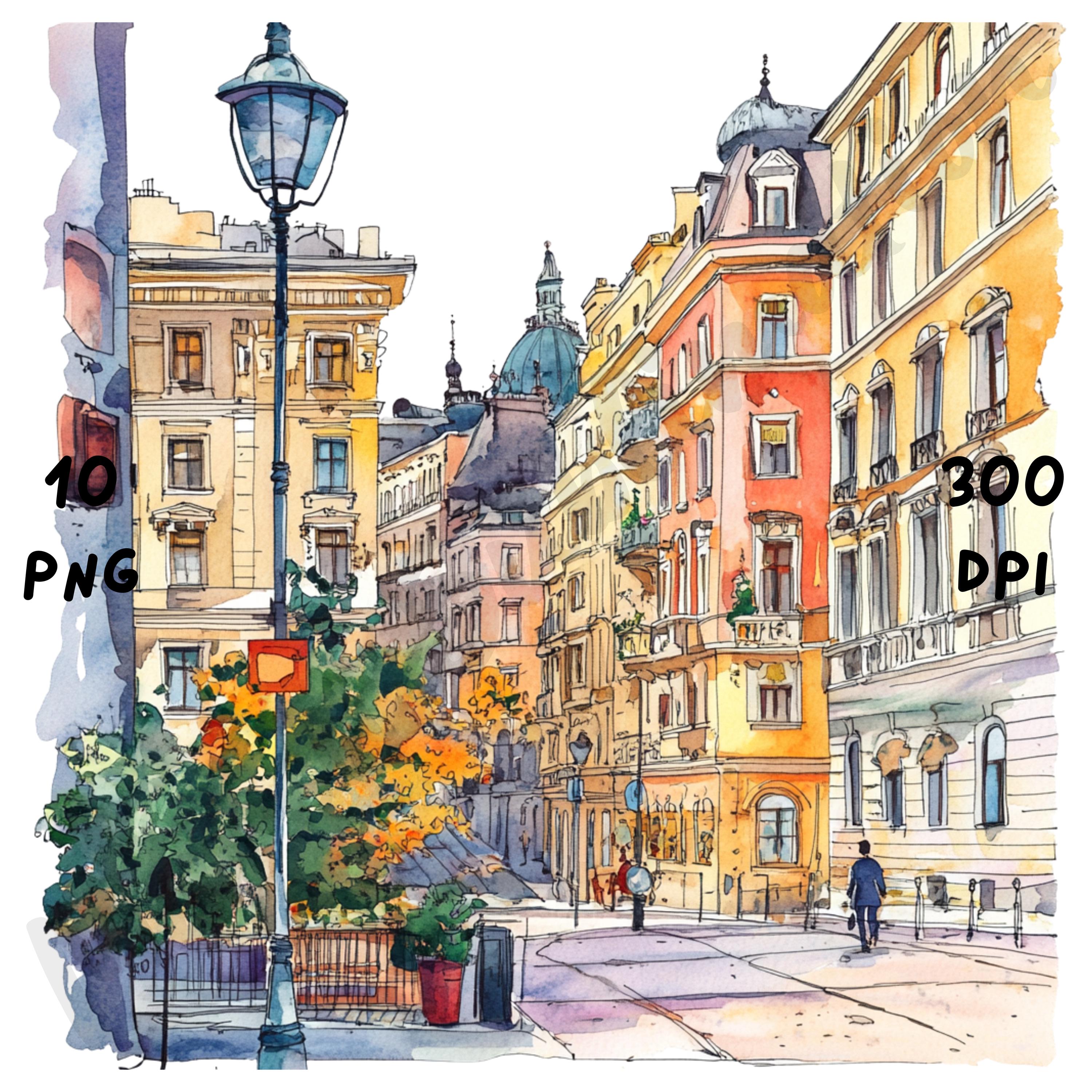 10 PNG Quirky Vienna Scene Clipart, Watercolor City of Vien View ...