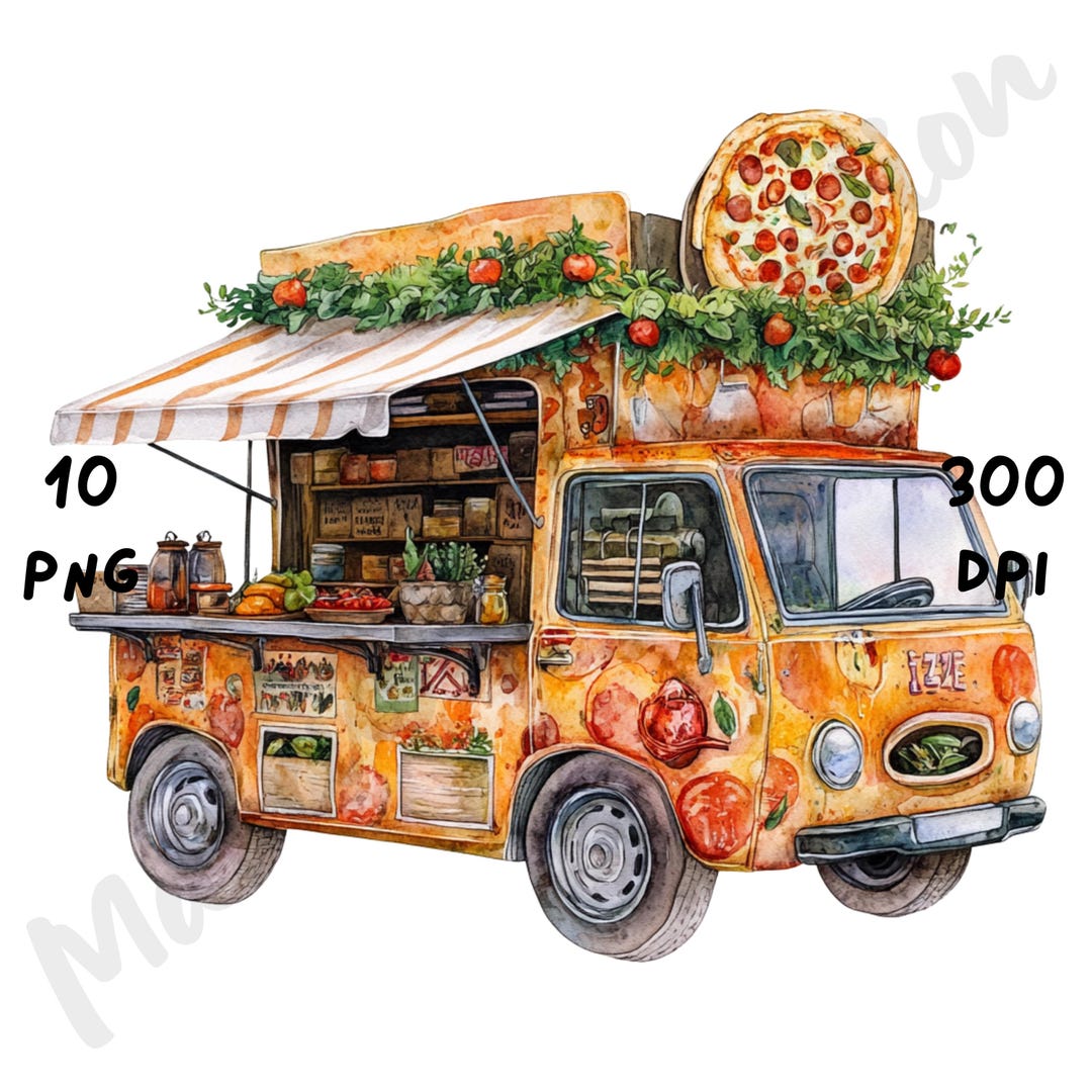 10 PNG Quirky Pizza Truck Clipart, Whimsical Shop Scene, Watercolor ...