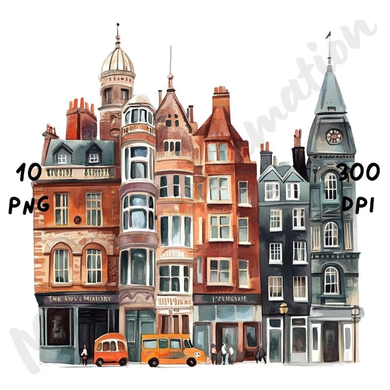 10 PNG Quirky London Scene Clipart, Watercolor City of London View ...