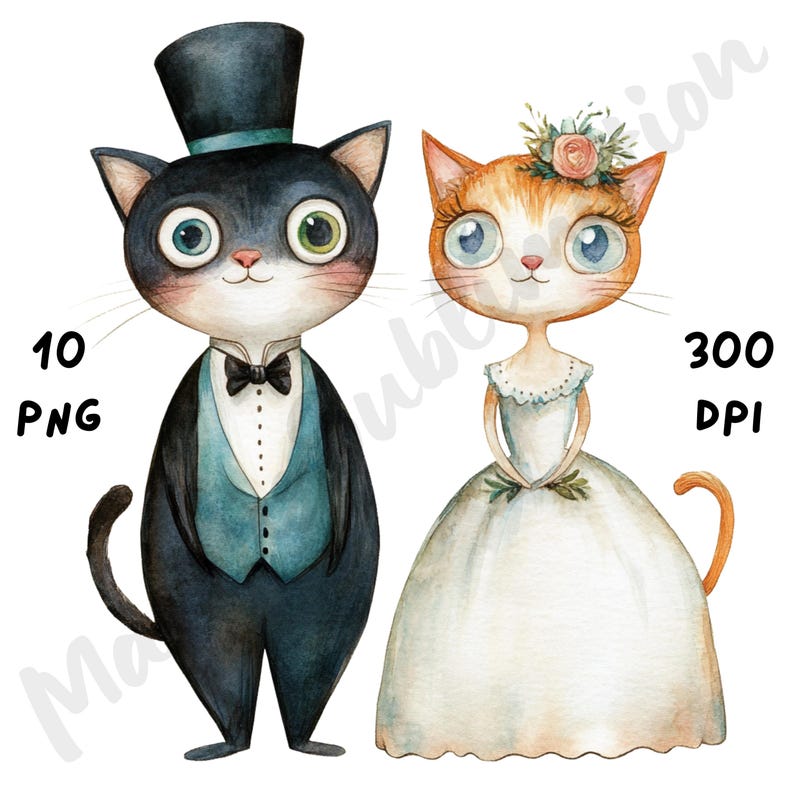 10 PNG Quirky Wedding Cat Couple Clipart, Whimsical Cartoon Cat Lover ...