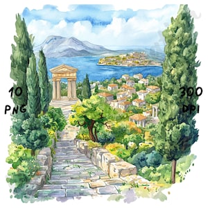 10 PNG Quirky Ancient Greek Scene Clipart, Watercolor Greece Cityscape ...