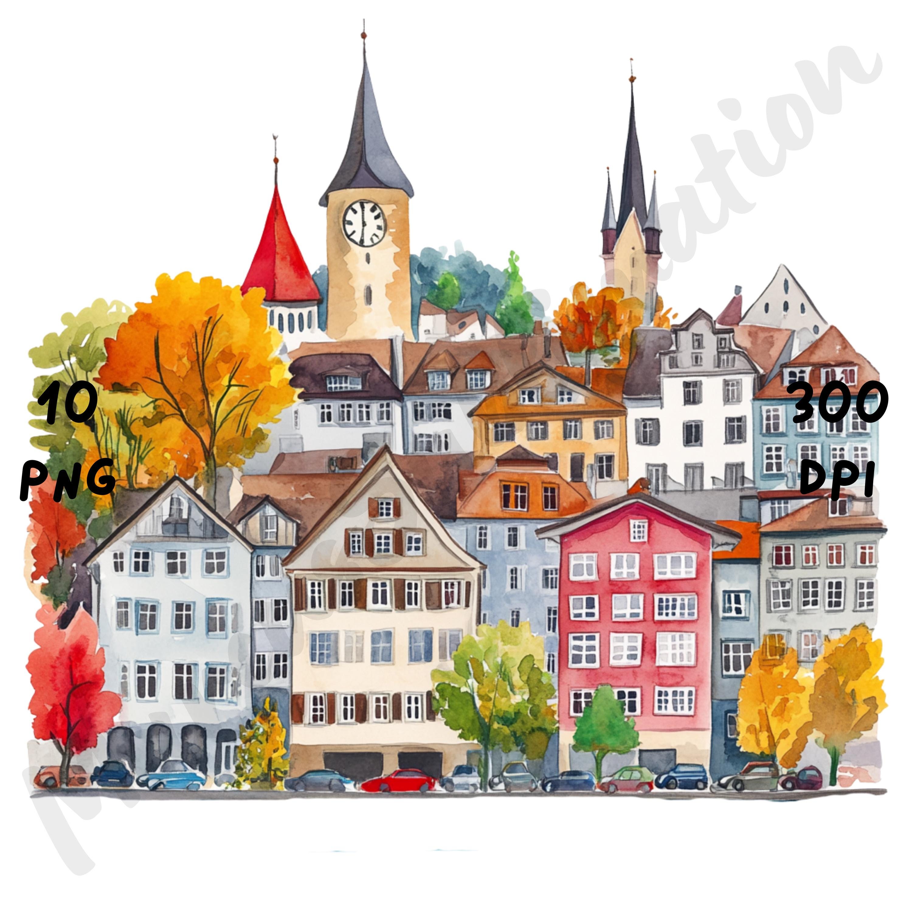 10 PNG Quirky Zurich Scene Clipart, Watercolor Swiss City View ...