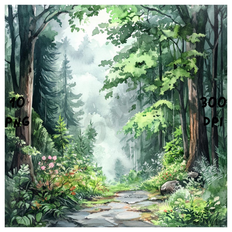 10 PNG Rainy Forest Clipart – Watercolor Misty Woodland Landscape for ...