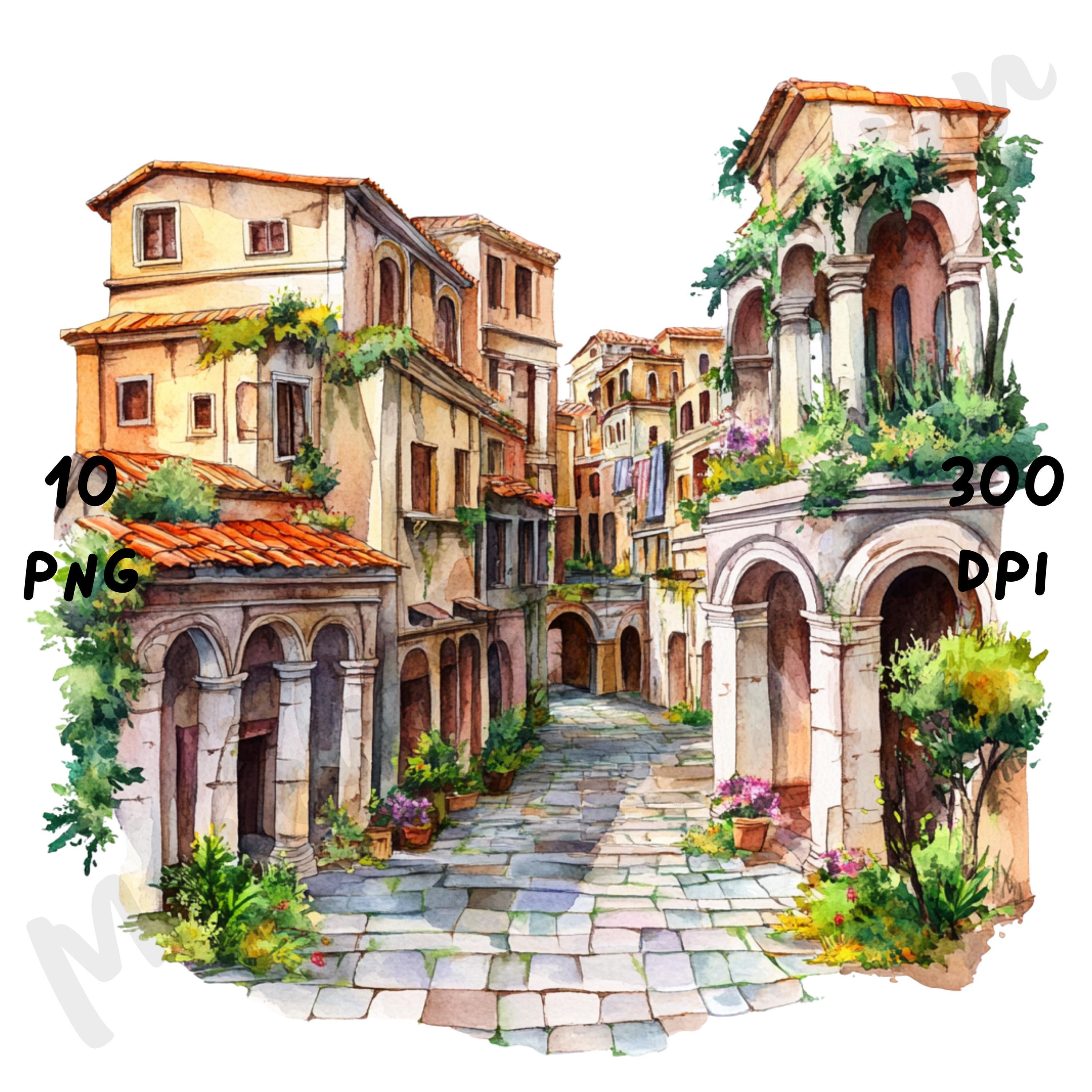 10 PNG Quirky Ancient Rome Scene Clipart, Watercolor Rome Cityscape ...