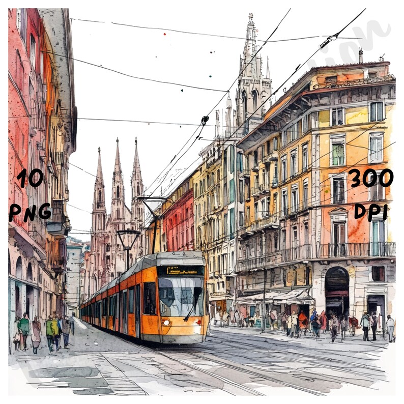 10 PNG Quirky Milan Scene Clipart, Watercolor City of Milano View ...