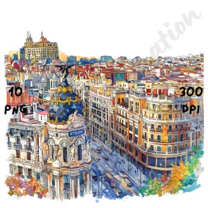 10 PNG Quirky Madrid Scene Clipart, Watercolor City of Madrid View ...