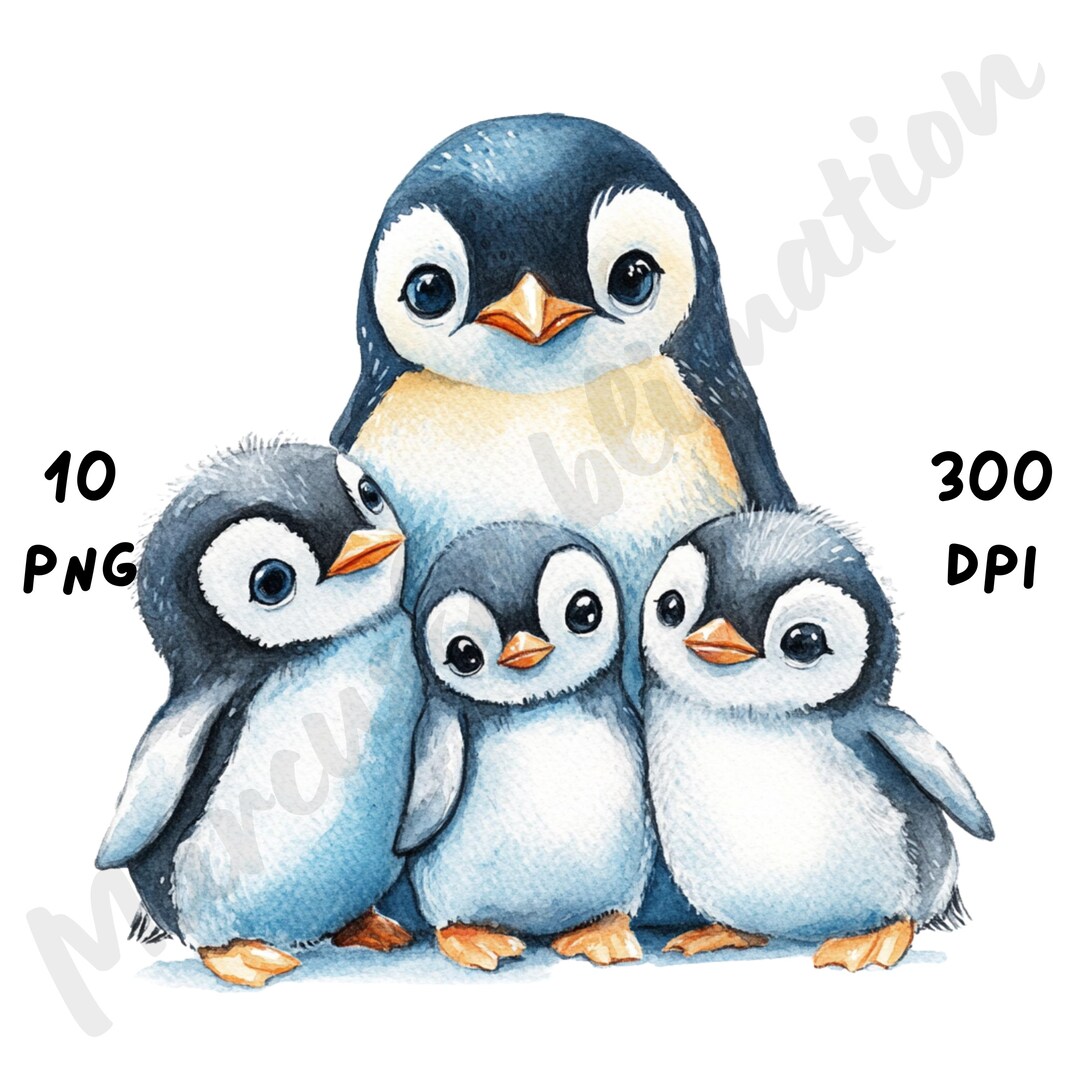 10 PNG Cute Penguin Mother Clipart, Watercolor Mom Penguin and Her Cubs ...