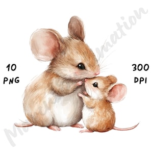 10 PNG Cute Whimsical Mouse Mother Clipart, Watercolor Mom Mouse and ...