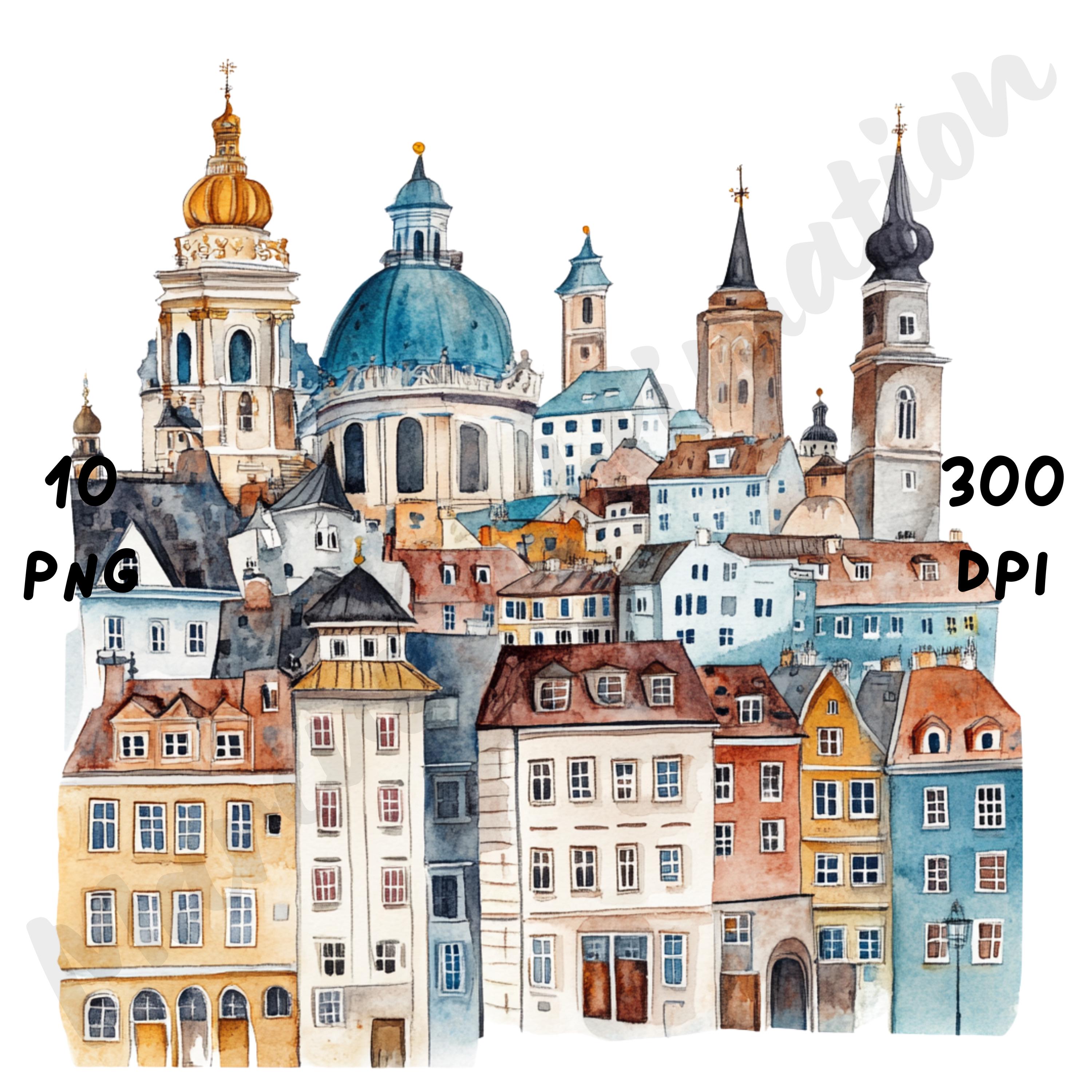 10 PNG Quirky Vienna Scene Clipart, Watercolor City of Vien View ...