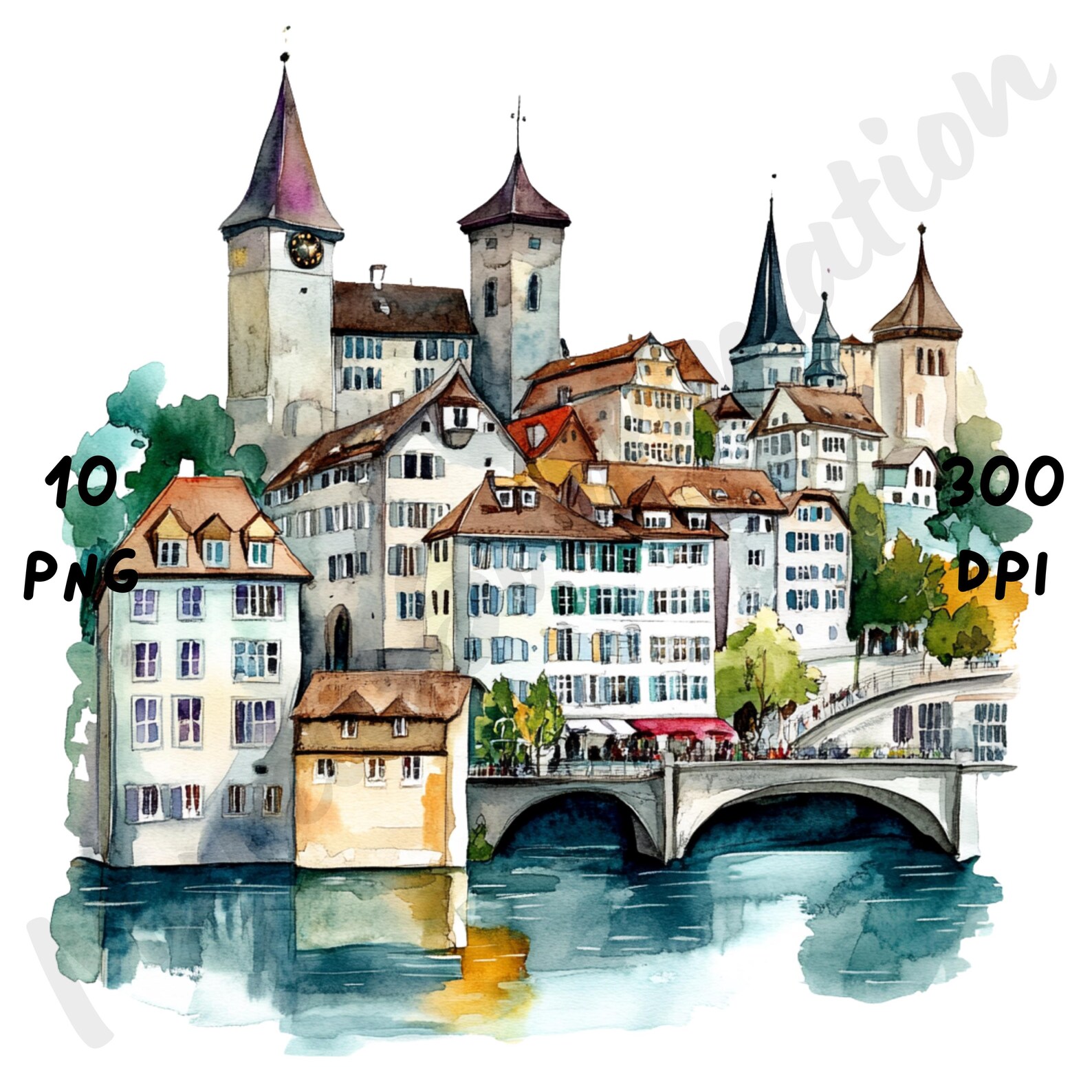 10 PNG Quirky Zurich Scene Clipart, Watercolor Swiss City View ...