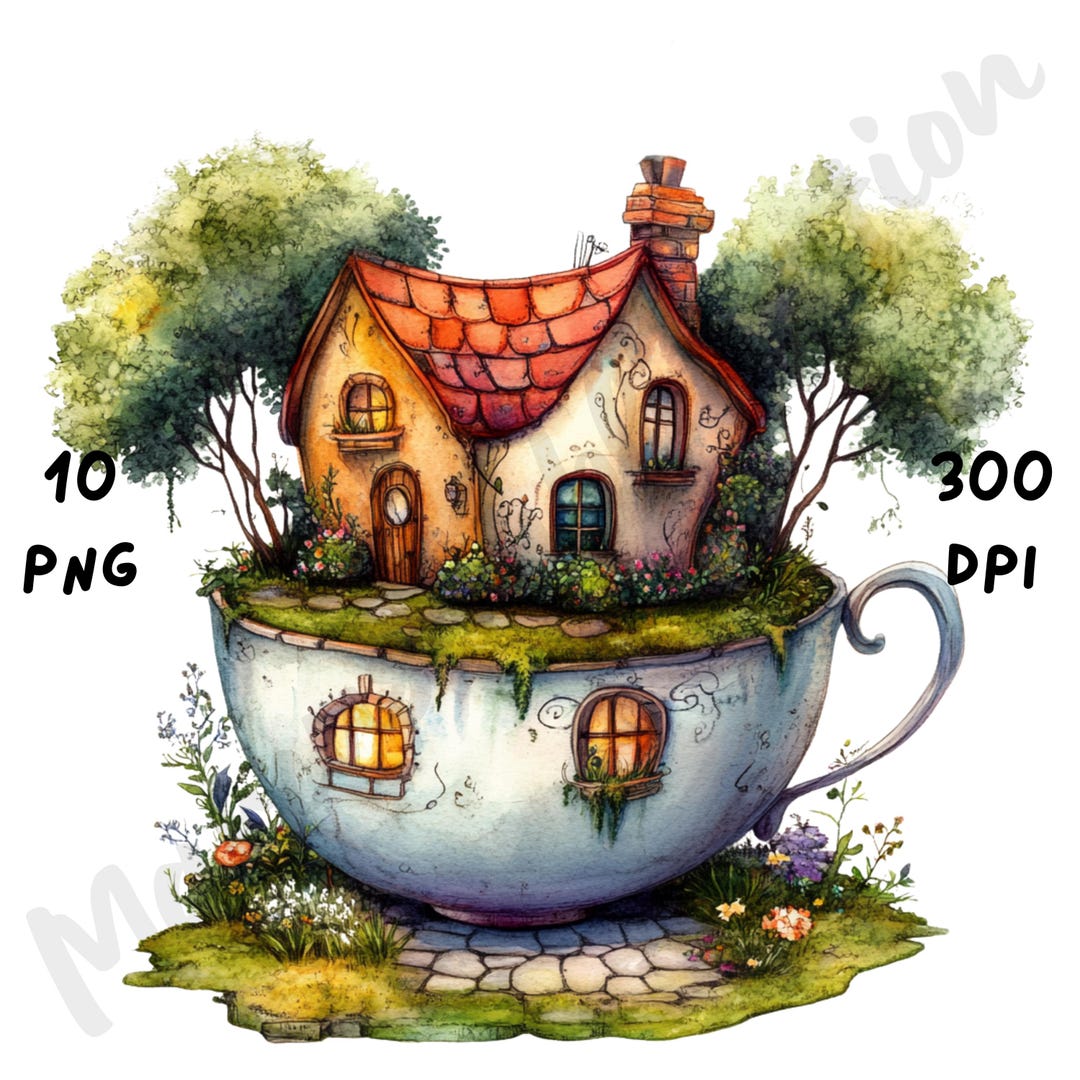 10 PNG Quirky Tea Cup House Clipart, Whimsical Cute House, Watercolor ...
