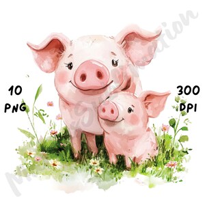 10 PNG Cute Pig Mother Clipart, Watercolor Mom Pig and Cubs, Whimsical ...