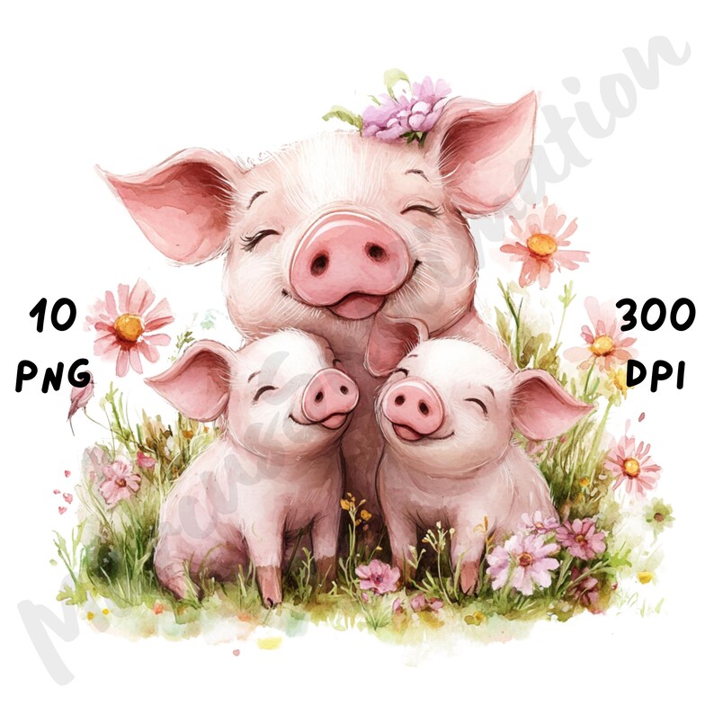 10 PNG Cute Pig Mother Clipart, Watercolor Mom Pig and Cubs, Whimsical ...