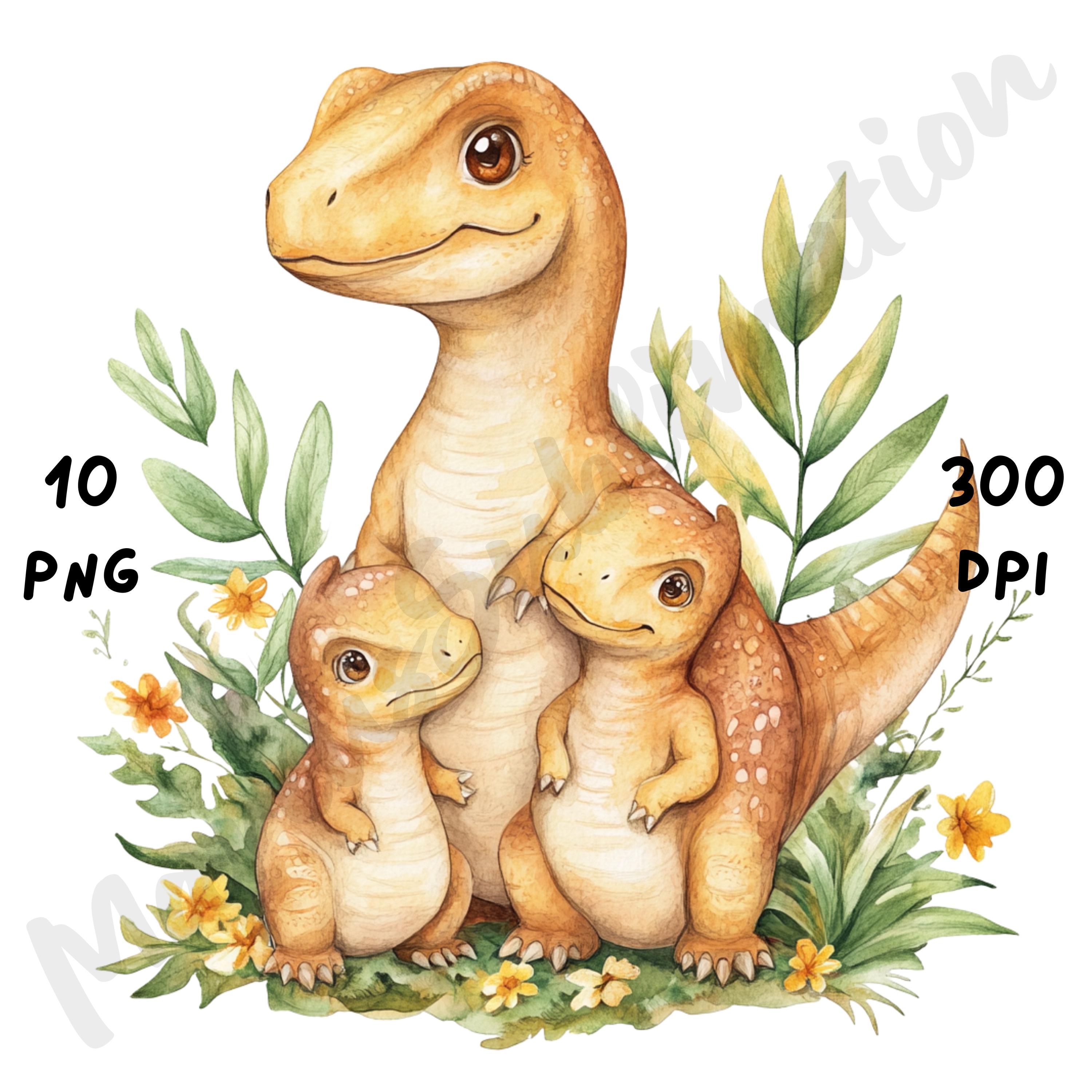 10 PNG Cute Dino Mother Clipart, Watercolor Mom Dinosaur and Her Cubs ...
