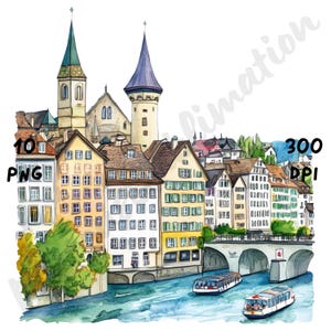 10 PNG Quirky Zurich Scene Clipart, Watercolor Swiss City View ...